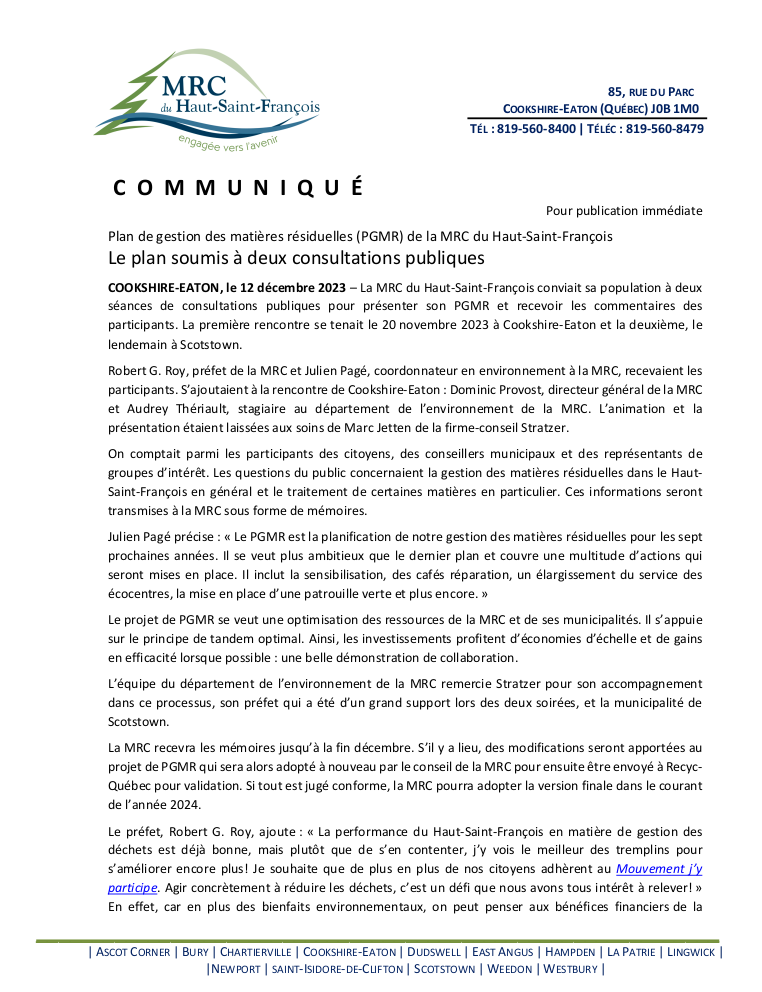 Plan de gestion des matières résiduelles (PGMR) de la MRC du HSF ...